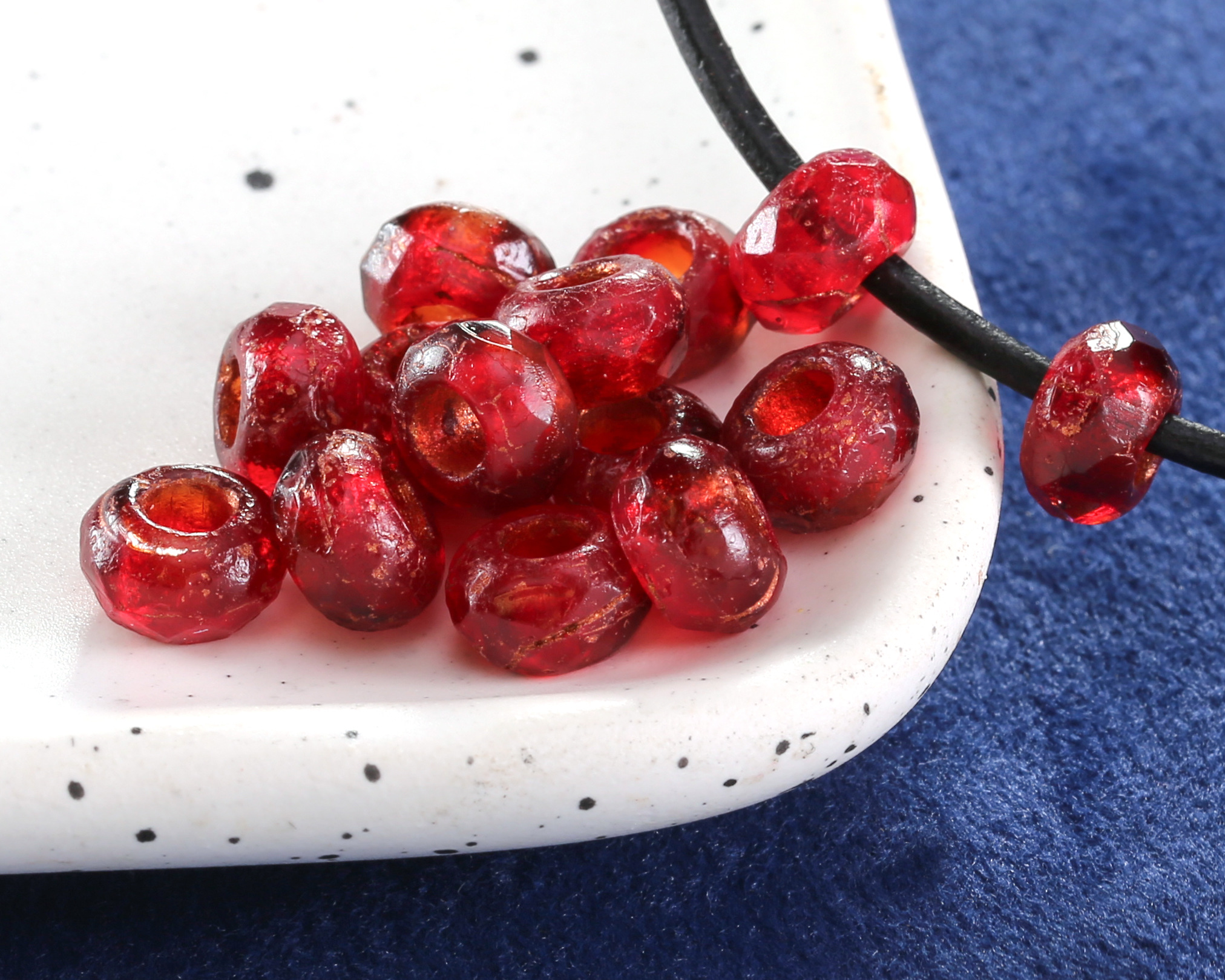 Czech Glass Etched Ruby Red w/ Copper Large Hole Fire Polished Rondelle ...