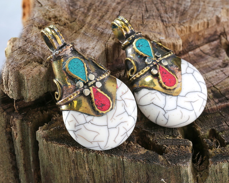 Nepalese White Shell & Brass Drop Scroll & Dots Pendant w/ Turquoise ...