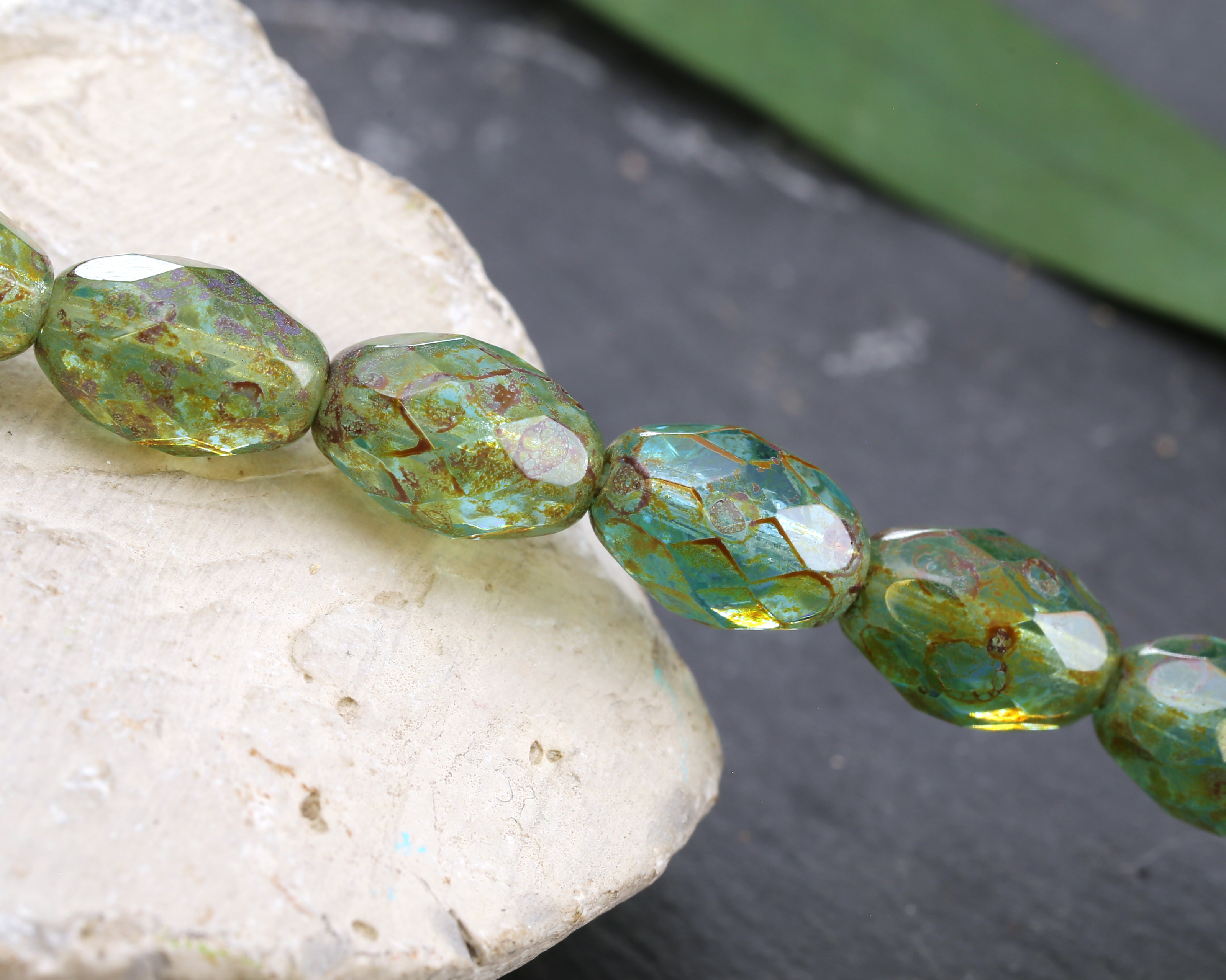 Czech Glass Aquamarine Picasso Fire Polished Rice 11x8mm