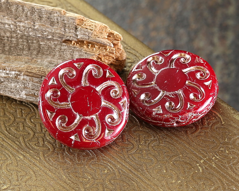Czech Glass Ruby w/ Platinum Sun Coin 23mm