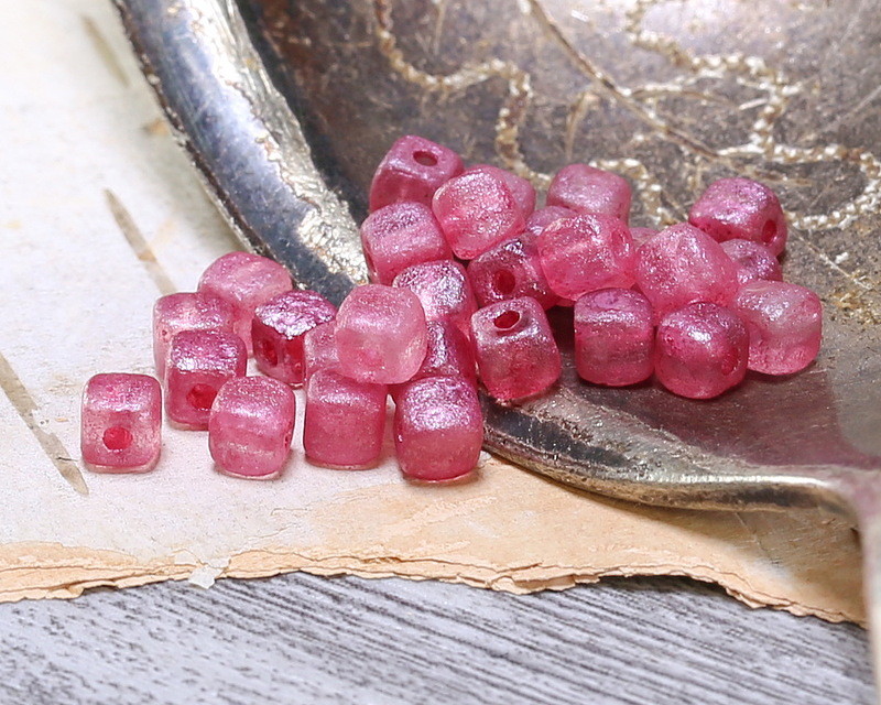 Czech Glass Textured Pink Luster Cube 3mm