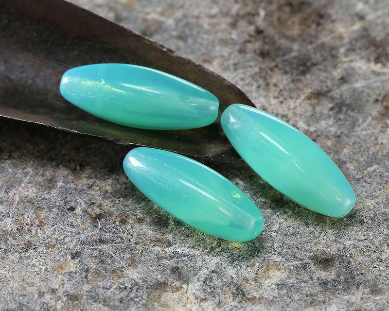 Czech Glass Green Opal Elongated 4-Sided Rice Bead 19x7mm