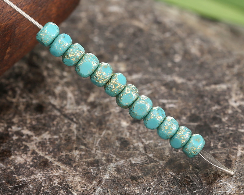Czech Glass Textured Turquoise w/ Gold Trica Beads 3x4mm