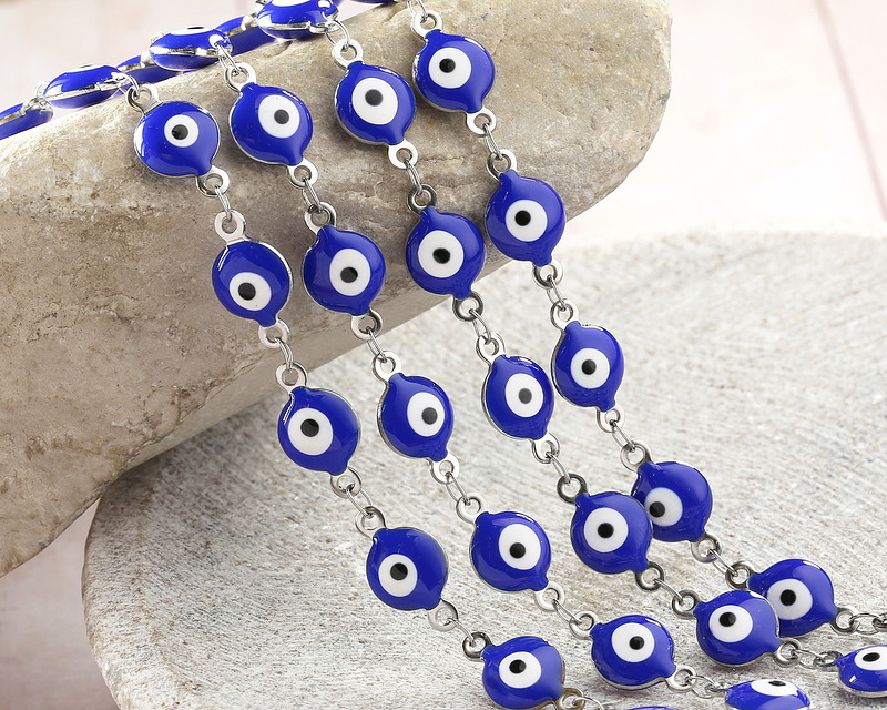 Cobalt Enamel Evil Eye Link Stainless Steel Chain 8mm, 5 meter spool