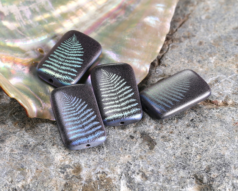 Czech Glass Laser Etched Fern on Matte Jet w/ AB Finish Rectangle 19x12mm