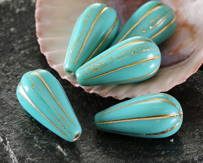 Czech Glass Turquoise w/ Gold Finish Melon Teardrop 23x11mm