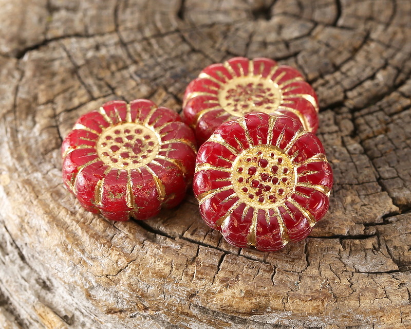 Czech Glass Cherry w/ Gold Sunflower 13mm