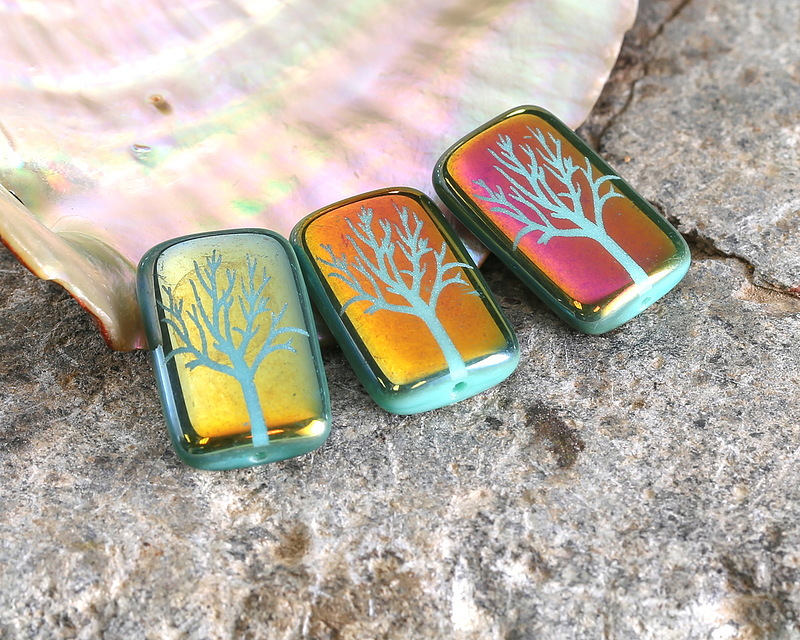 Czech Glass Laser Etched Tree on Turquoise w/ Rainbow Finish Rectangle ...