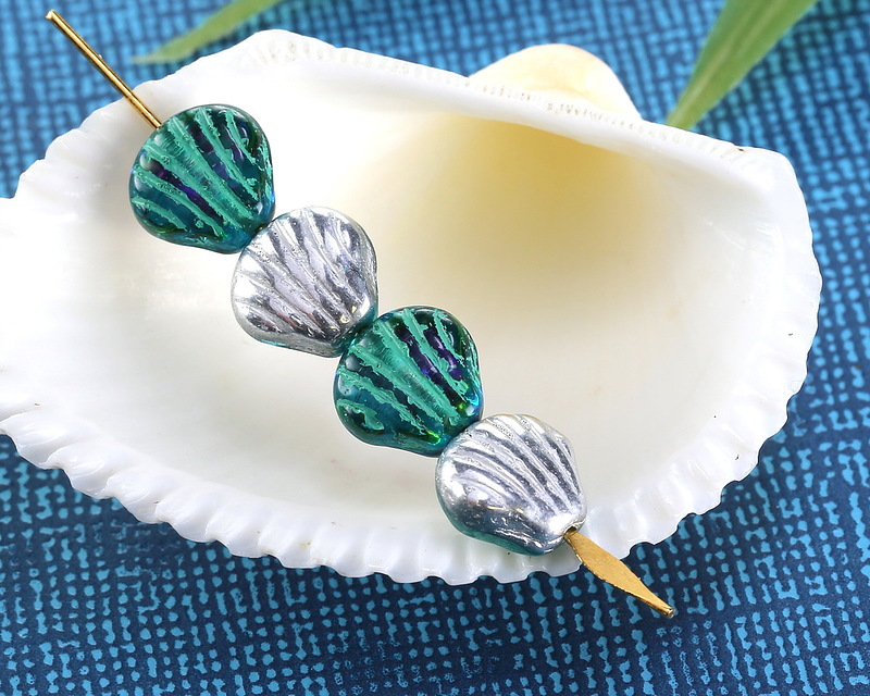 Czech Glass Emerald & Silver w/ Green Wash Scallop Shell Bead 9mm