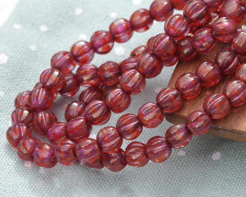 Czech Glass Russet Rose w/ Gold & Pink Luster Large Hole Melon Round 6mm