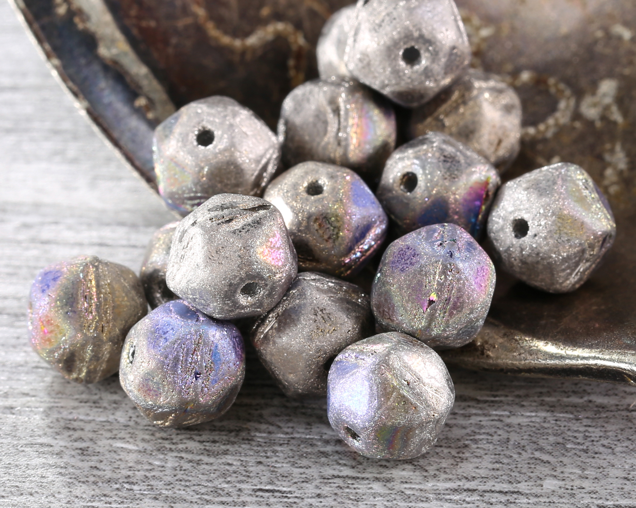 Czech Glass Matte Bronzed Antique Silver AB English Cut Bead 7x8mm