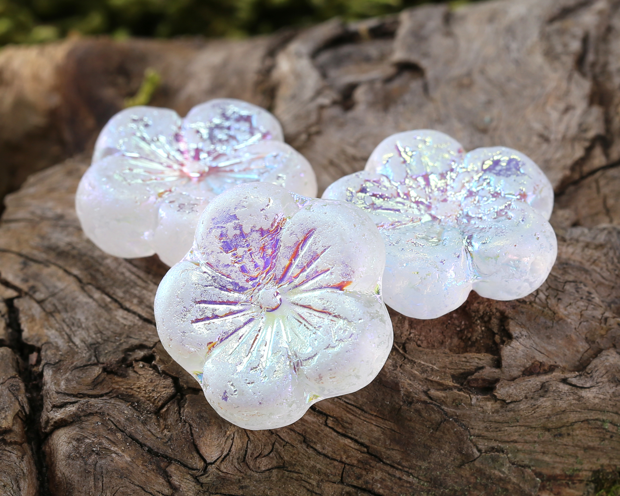 Czech Glass Textured Matte Crystal AB Hibiscus Coin 22mm