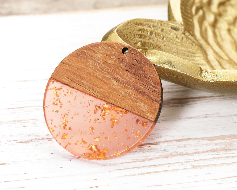 Walnut Wood & Blossom w/ Gold Foil Resin Coin Focal 38mm