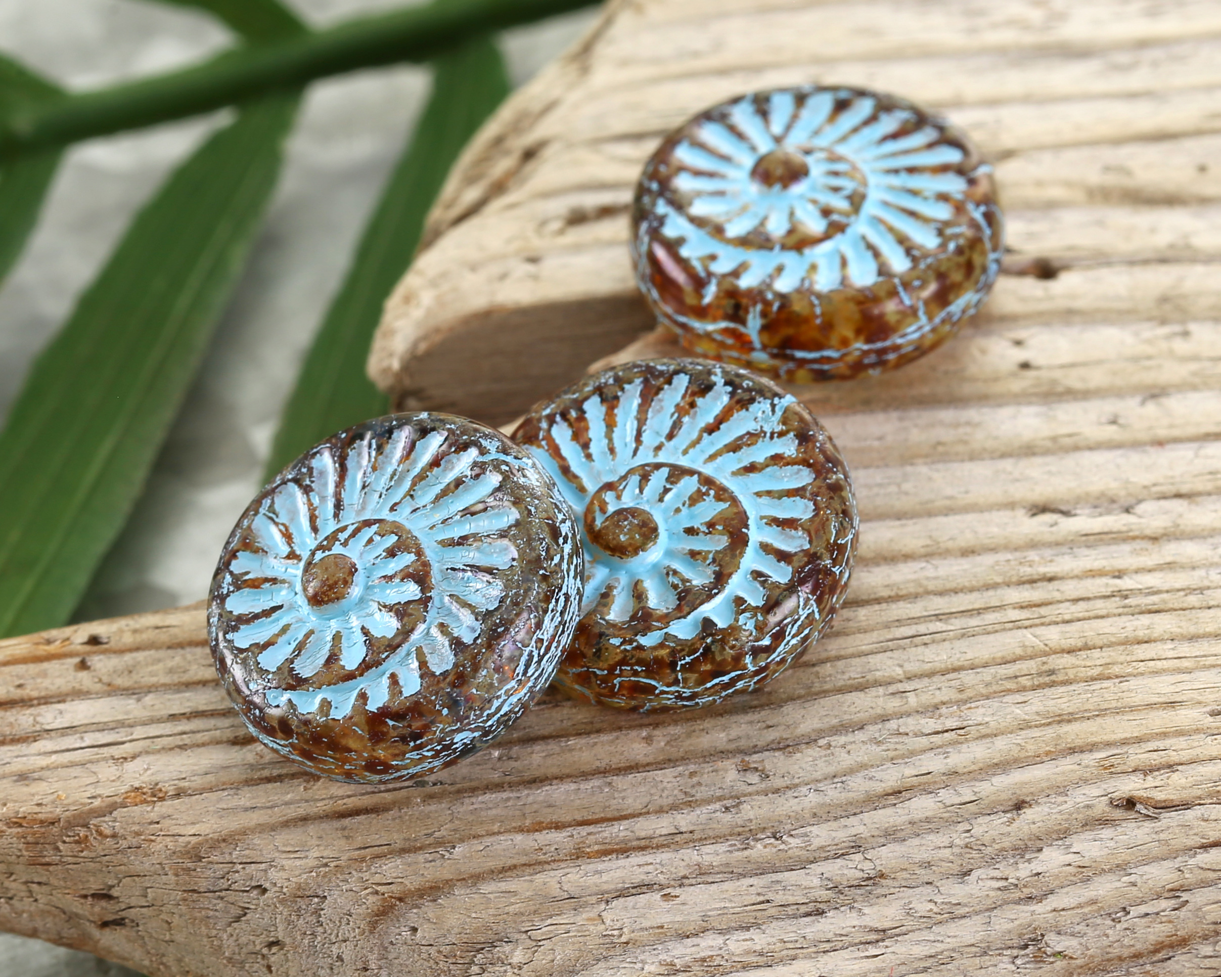 Czech Glass Amber Picasso w/ Turquoise Wash Ammonite Coin 18mm