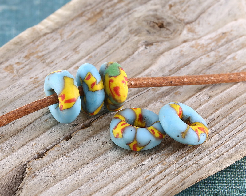 African Recycled Glass & Seed Bead Light Blue & Yellow Mini Donut 4 ...