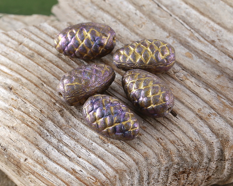 Czech Glass Matte Iris Purple w/ Gold Wash Pine Cone 13x8mm
