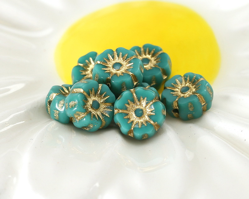 Czech Glass Green Turquoise w/ Gold Hibiscus Coin 7mm