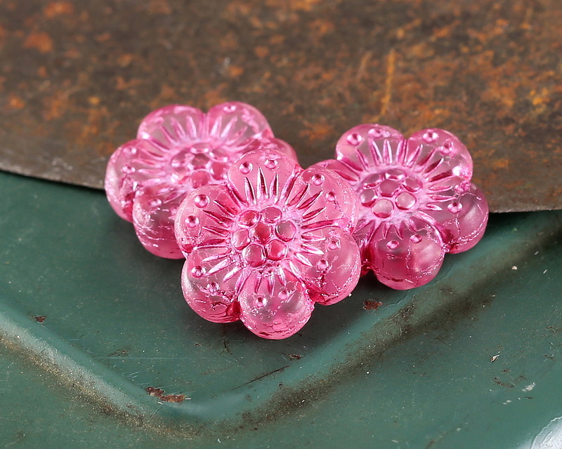 Czech Glass Matte Crystal w/ Metallic Pink Wash Wild Rose Coin 13mm