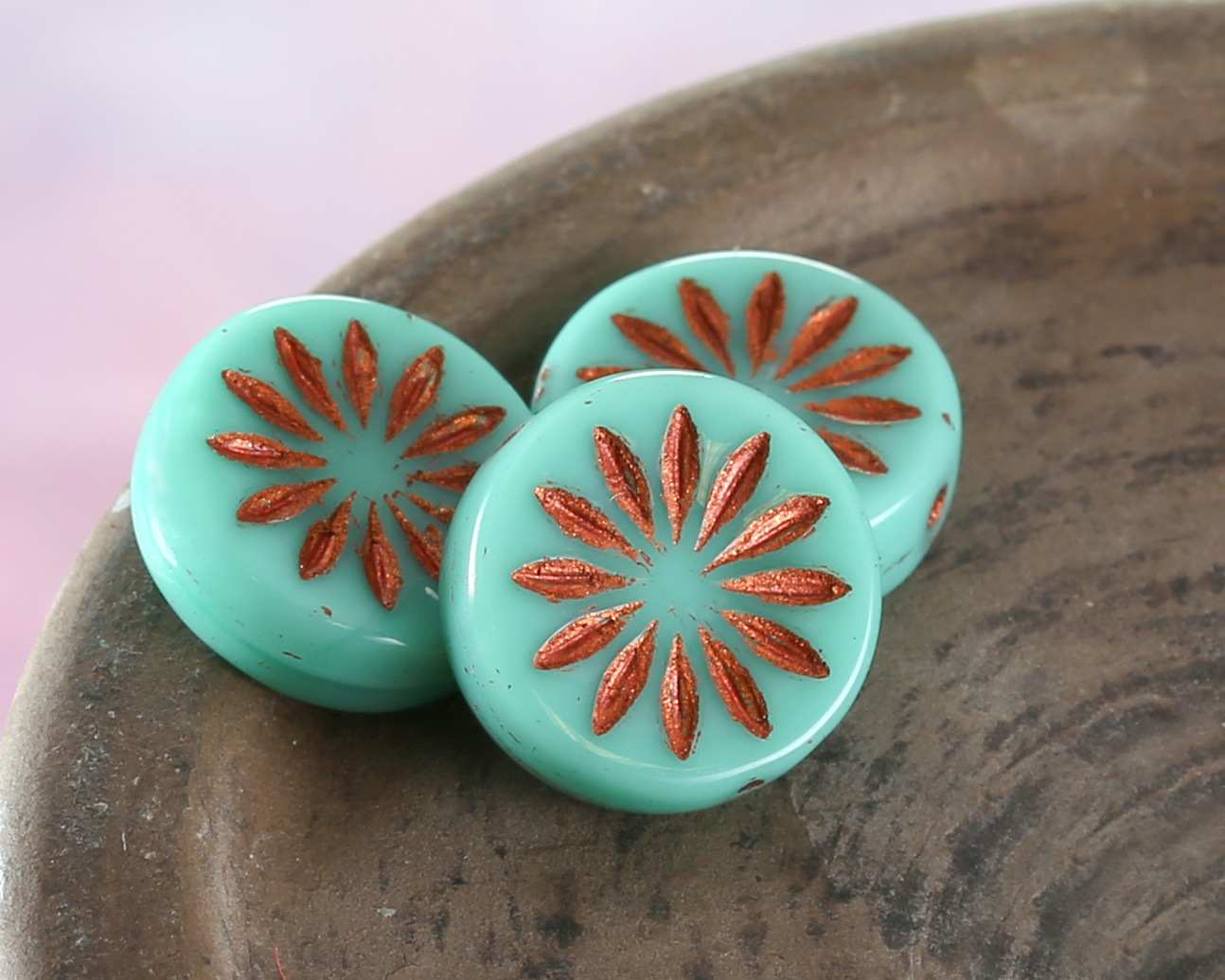 Czech Glass Turquoise w/ Copper Daisy Coin 12mm