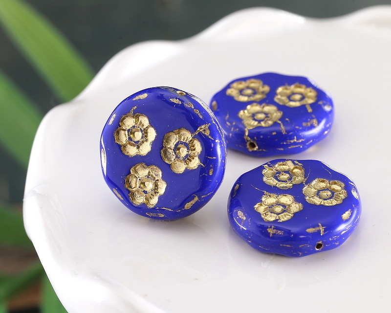 Czech Glass Cobalt w/ Gold Flower Trio Coin Bead 21mm