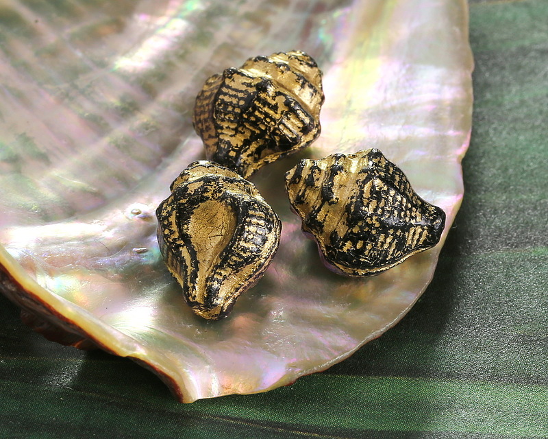 Czech Glass Jet w/ Gold Wash Murex Shell 15x12mm