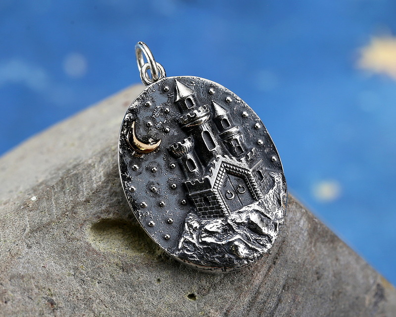 Nina Designs Sterling Silver Castle w/ Bronze Moon Charm 28x18mm