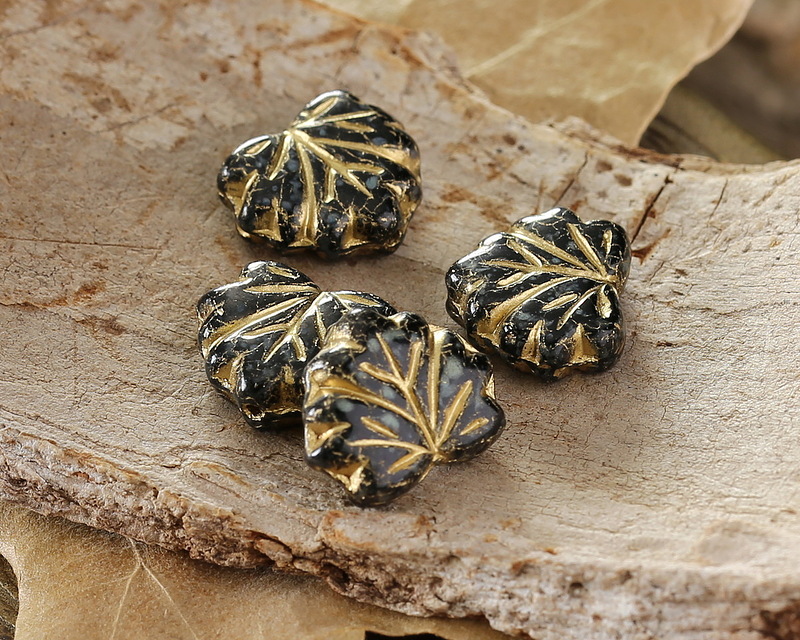 Czech Glass Jet Picasso w/ Gold Maple Leaf 11x13mm