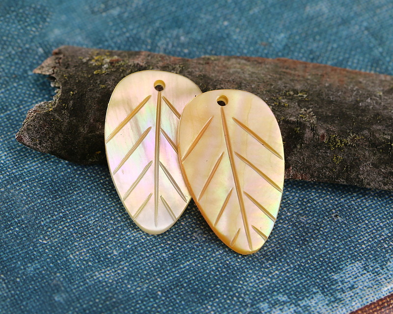 Golden Lip Shell Carved Leaf Focal 13x21mm
