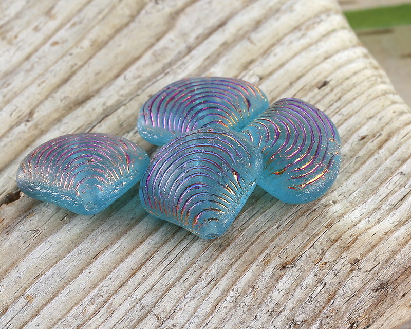Czech Glass Matte Aquamarine w/ Metallic Rainbow Finish Clam Shell Bead ...