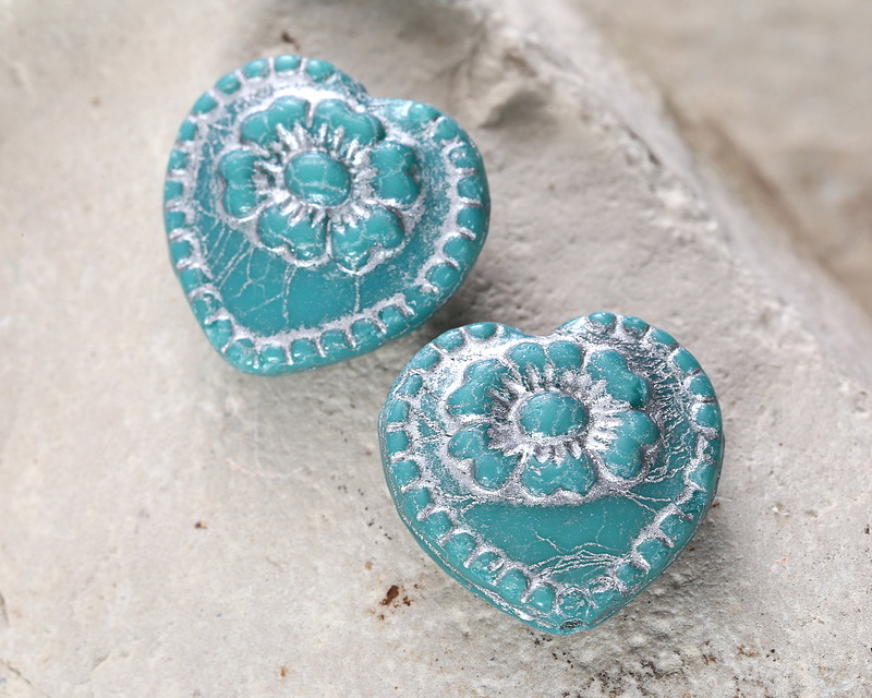 Czech Glass Turquoise w/ Silver Flower Heart Bead 17x18mm