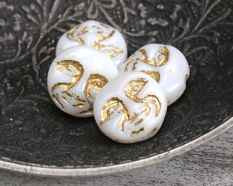 Czech Glass White w/ Gold Moon Face 13mm