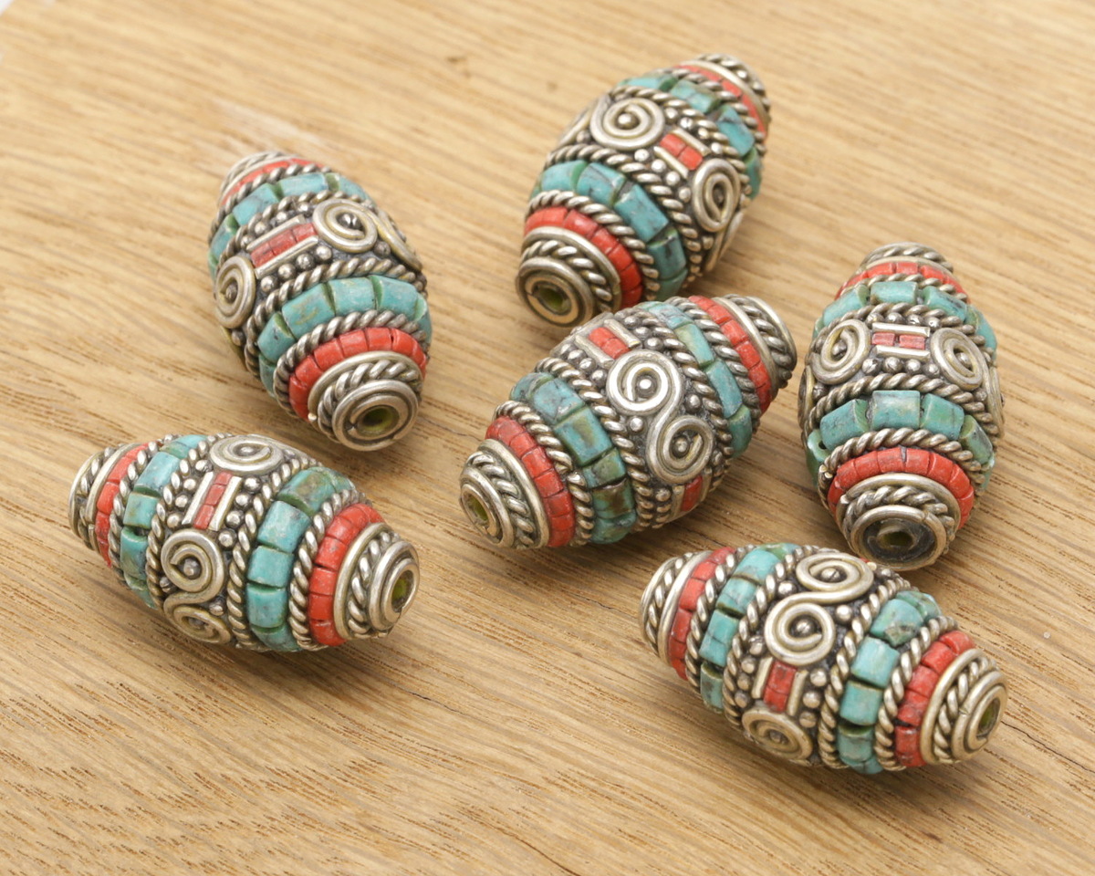 Nepalese White Brass w/ Coral & Turquoise Rice Bead 29x16mm