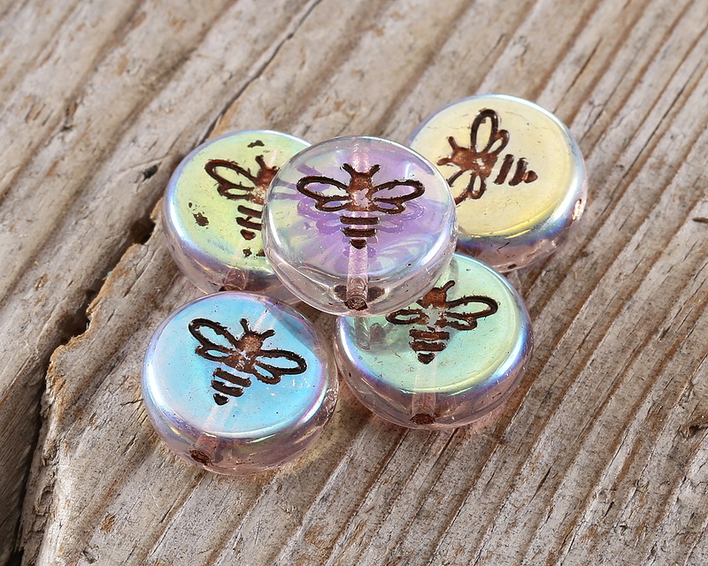 Czech Glass Bronzed Crystal AB Bee Coin 12mm