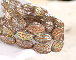 Czech Glass Crystal AB w/ Gold Roped 4-sided Rice Oval 15x9mm