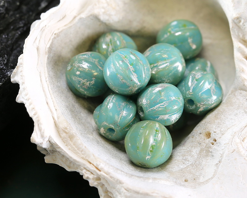 Czech Glass Turquoise Picasso Melon Round 6mm