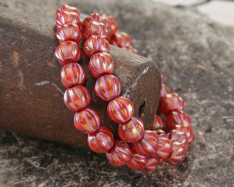 Czech Glass Russet Rose w/ Gold & Pink Luster Large Hole Melon Round 6mm