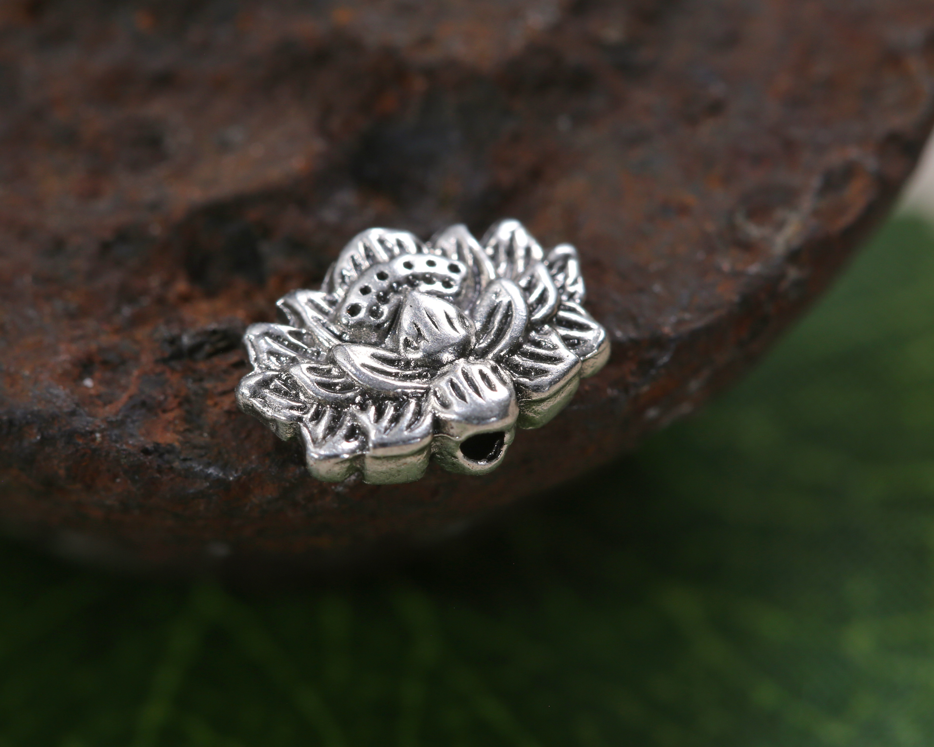 Antique Silver (plated) Blooming Lotus 12x8mm