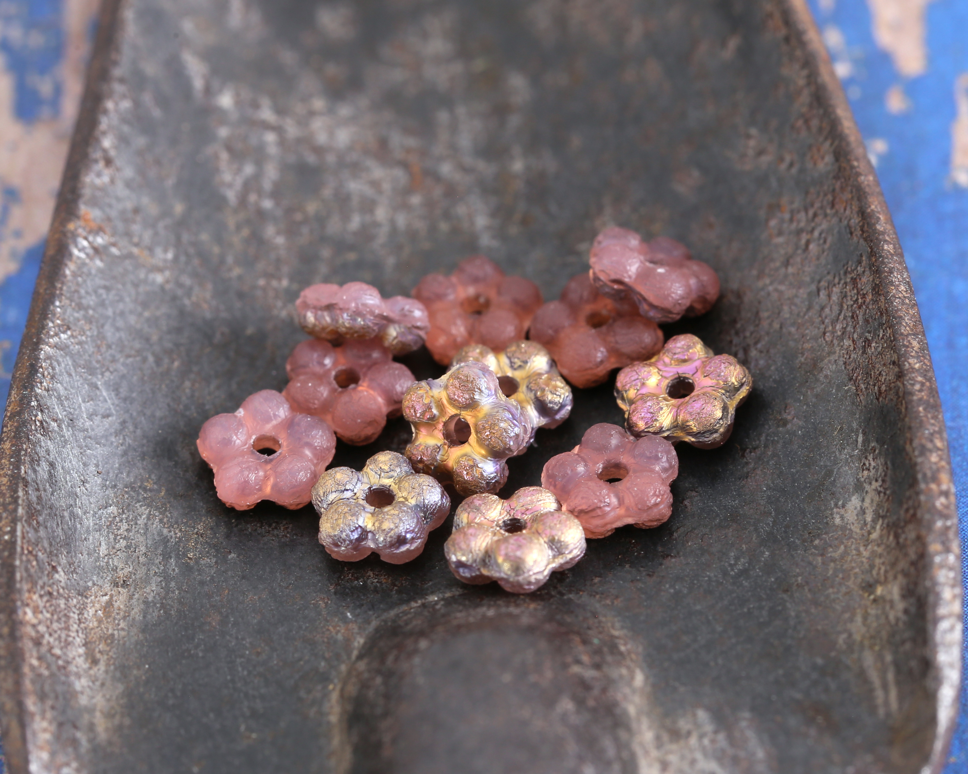 Czech Glass Matte Etched Pink Opal w/ Rose Gold AB Bali Style Daisy ...