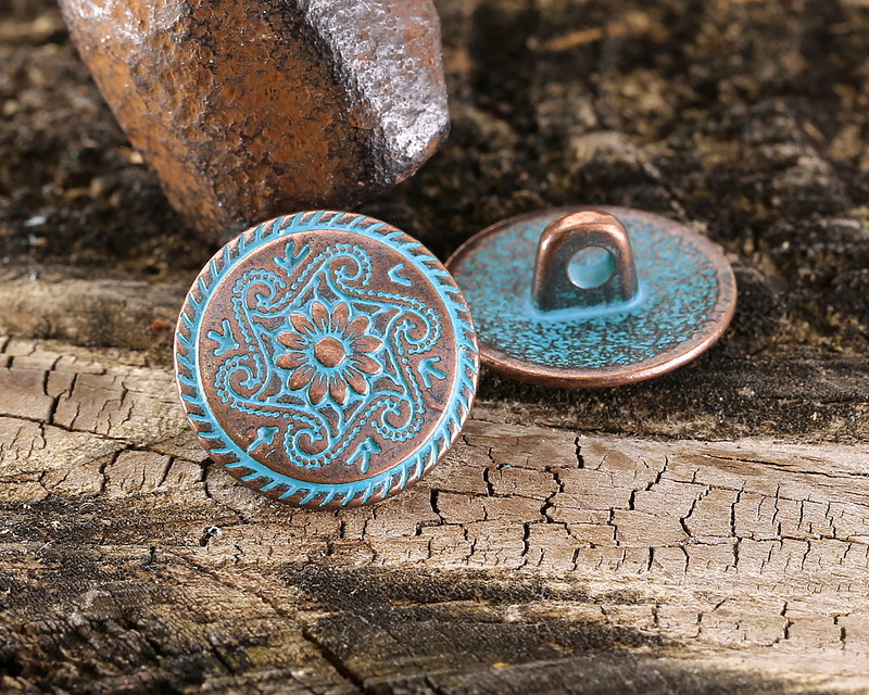 Patina Blue Copper (plated) Scrolling Daisy Button 15mm