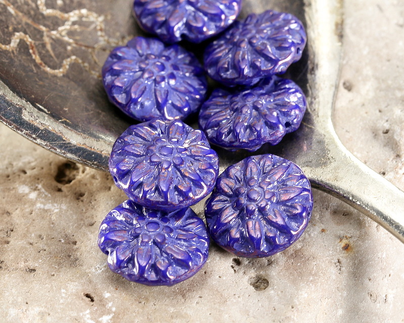 Czech Glass Bronzed Indigo Dahlia Coin 14mm