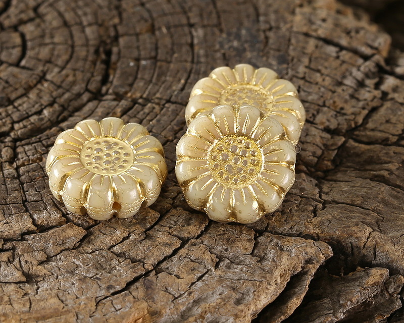 Czech Glass Bisque w/ Gold Sunflower 13mm