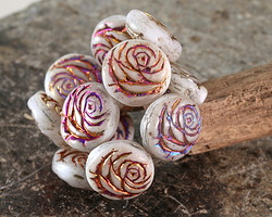 Czech Glass White w/ Metallic Rainbow Rose Coin 17mm