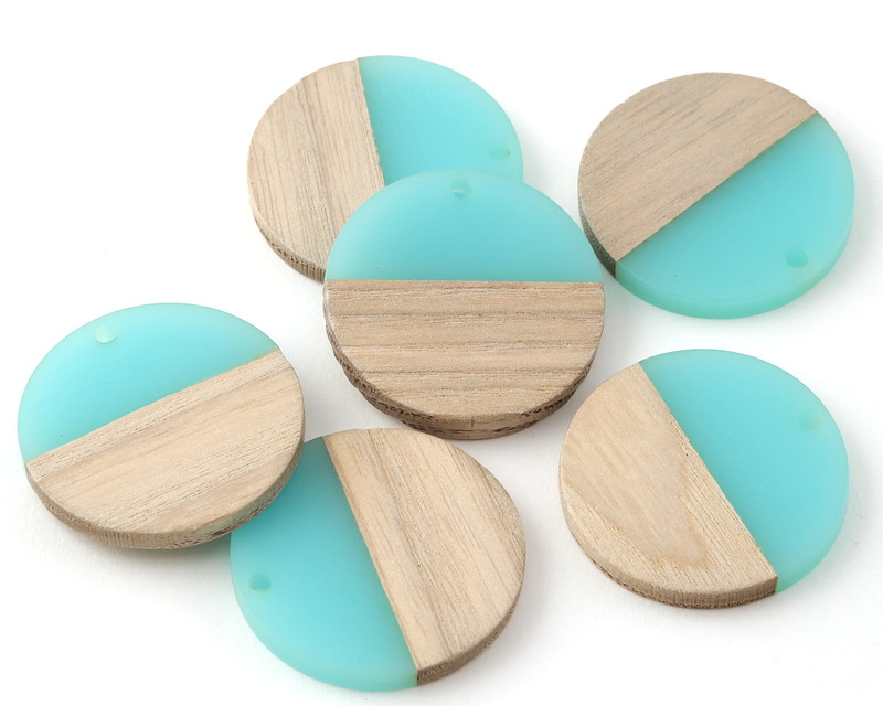Wood & Sea Green Resin Coin Focal 28mm