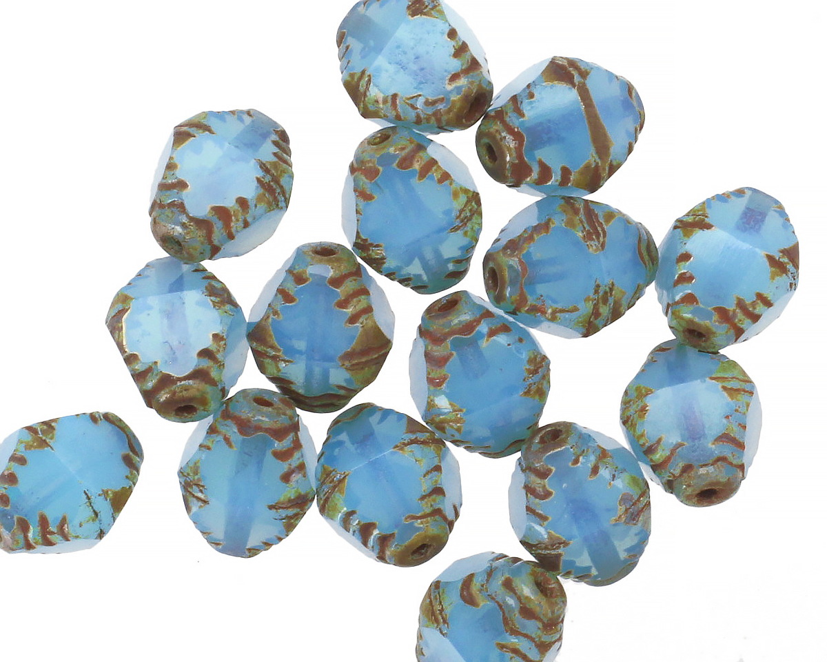 Czech Glass Blue Opal Etched Bicone 10x8mm - Lima Beads