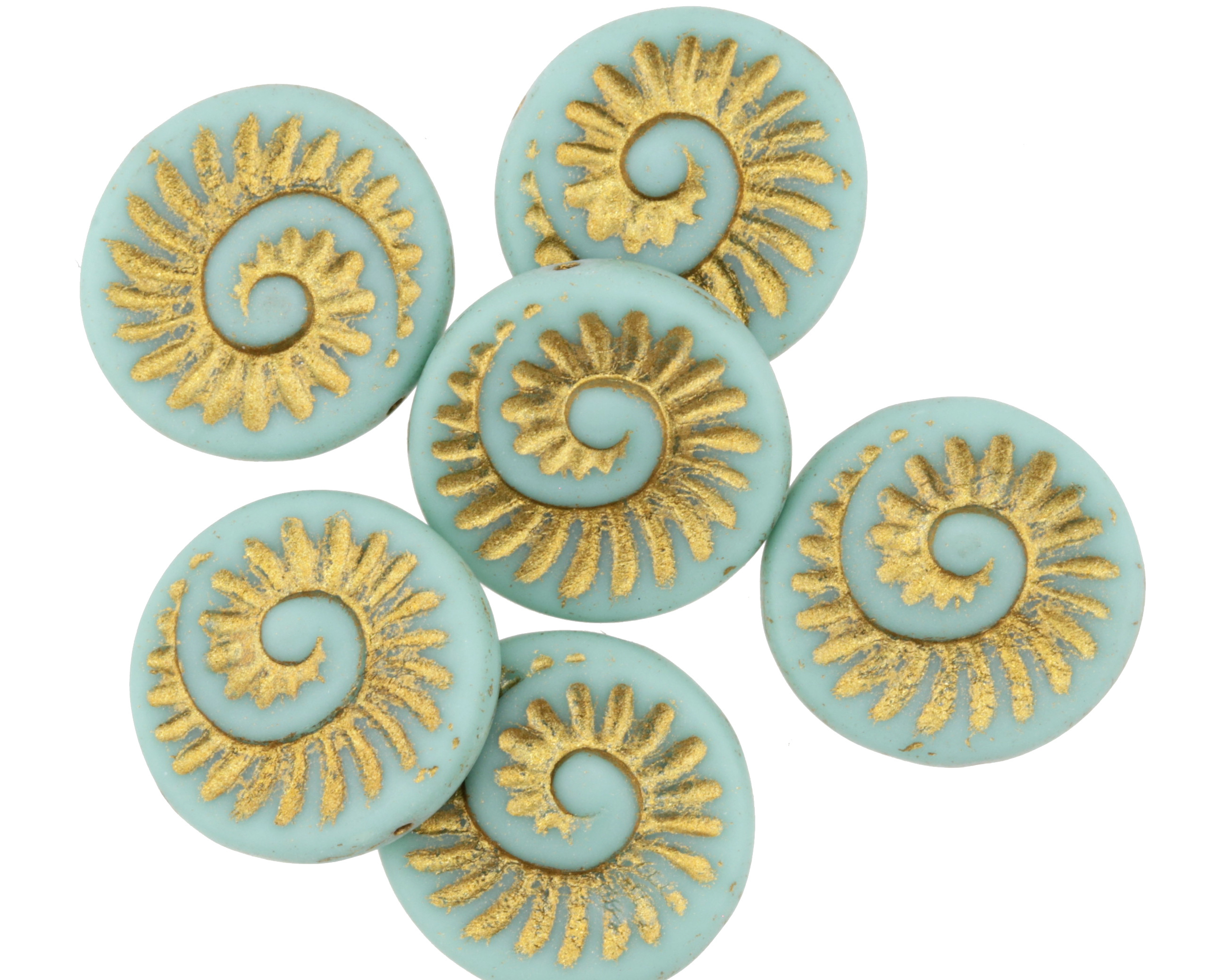 Czech Glass Matte Turquoise w/ Gold Ammonite Coin 18mm