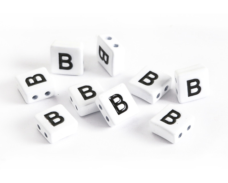 White Enamel 2-Hole Tile Square Bead w/ Letter "B" 8mm