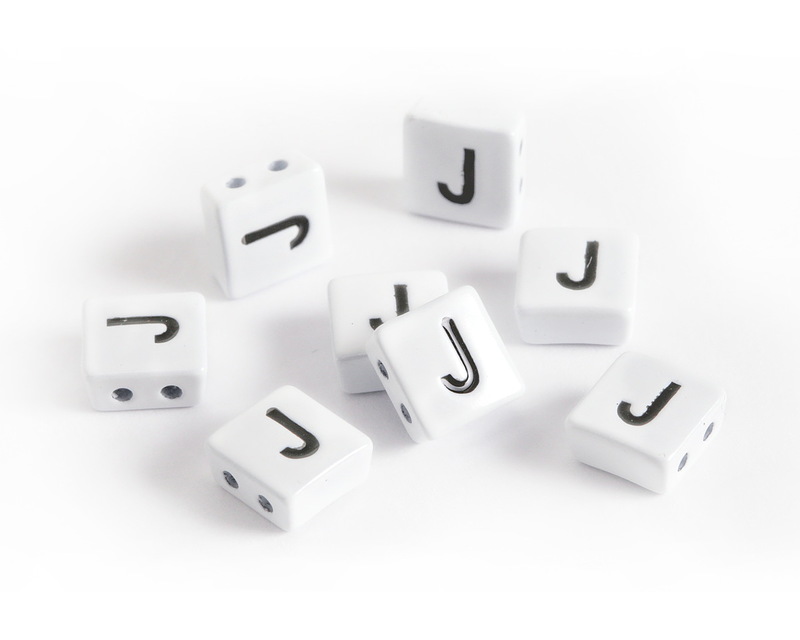 White Enamel 2-Hole Tile Square Bead w/ Letter "J" 8mm