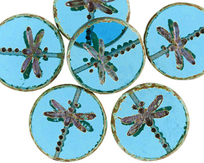 Czech Glass Aquamarine Picasso Dragonfly Coin 17mm - Lima Beads